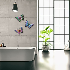 dreamskip 3 Pack Metal Butterfly Wall Art Outdoor Decor, Butterflies Spring Wall Sculpture Hanging Metal Wall Decorations for Garden, Patio, Fence, Yard, Living Room, Bedroom