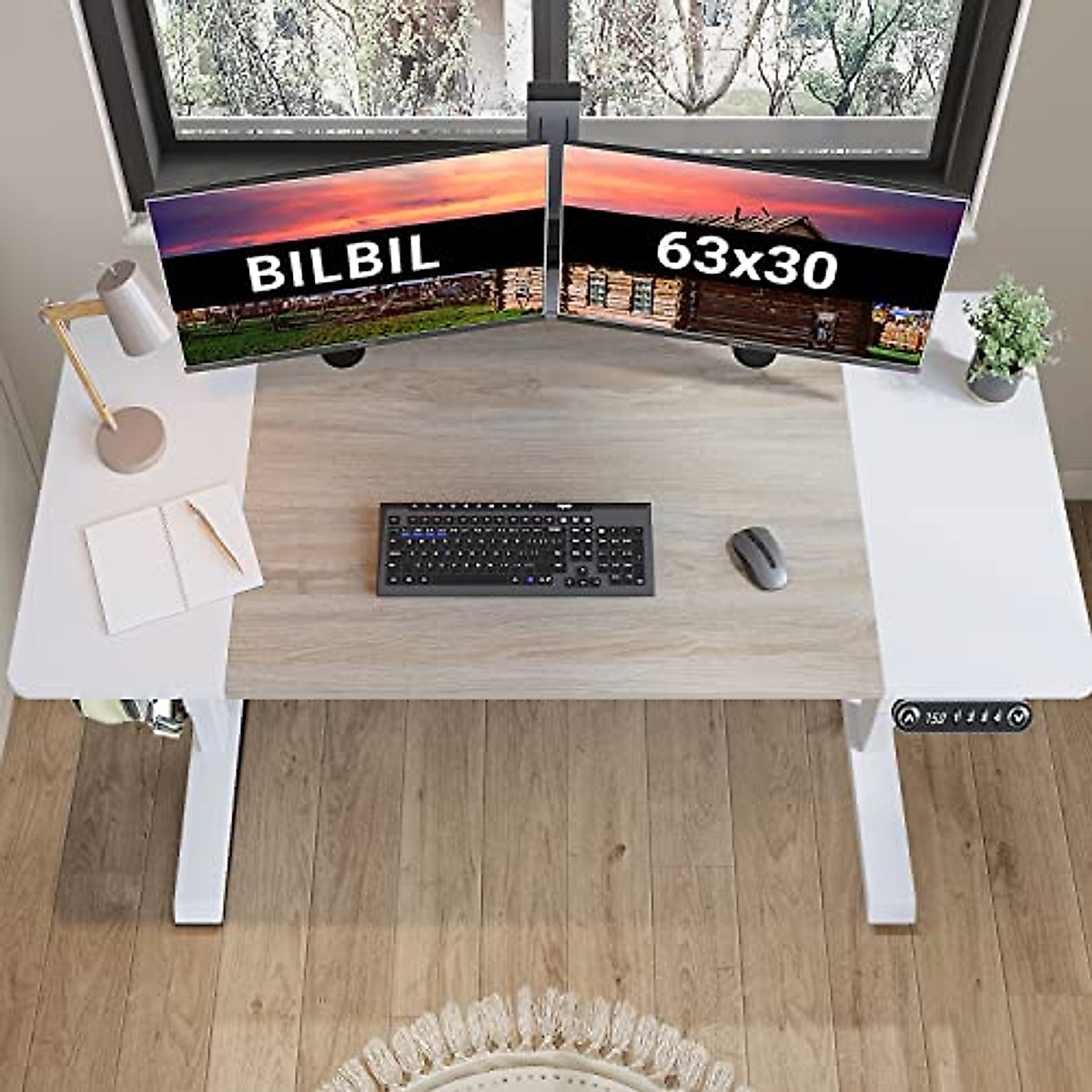 bilbil 63 x 30 Inches Electric Standing Desk, Height Adjustable Sit Stand Table with Splice Board, Stand up Home Office Desk, White Frame/Oak and White Top