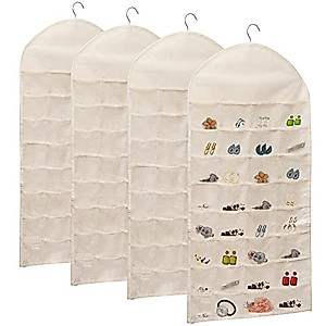 Foraineam 4 Pcs Hanging Jewelry Organizer, 32 Pockets 18 Hook and Loops Double Sided Jewelry Display Storage Bag, Travel Jewelry Organizer Holder for Necklace Bracelet Earring Ring Chain Knitting Tool