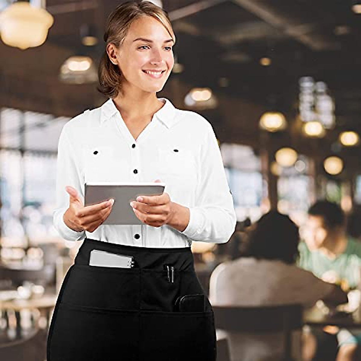 SupplyMaid Waterproof Server's Apron with 5 Pockets & Speed Buckle Closure - Black Waitress Server Stain-Proof Bistro Bartender Work Apron For Pens, Notepads, Straws, Server Book, Bar Towel, Tips