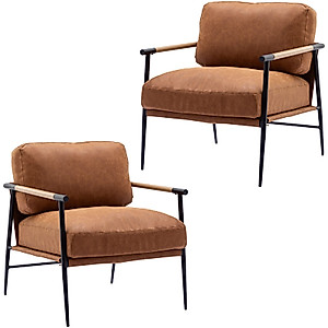 Ya-Home Mid-Century Accent Chair Set of 2, Soft Armchair PU Leather Lounge Chair with Black Metal Legs, Upholstered Leisure Chair for Living Room Bedroom Reception Room, Brown