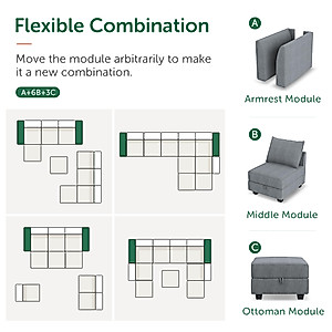 HONBAY Modular Sectional Sofa with Storage Reversible Sectional Modular Sofa Couch with Ottomans U Shaped Sectional Couch for Living Room, Bluish Grey