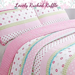 Pink Polka Dot Peace & Love 100% Cotton Reversible Quilt Bedding Set For Kids Girls, Coverlet, Bedspread ( Flower Pastel, Twin - 5 Piece: 1 Quilt + 1 Standard Sham + 3 Decorative Pillows)