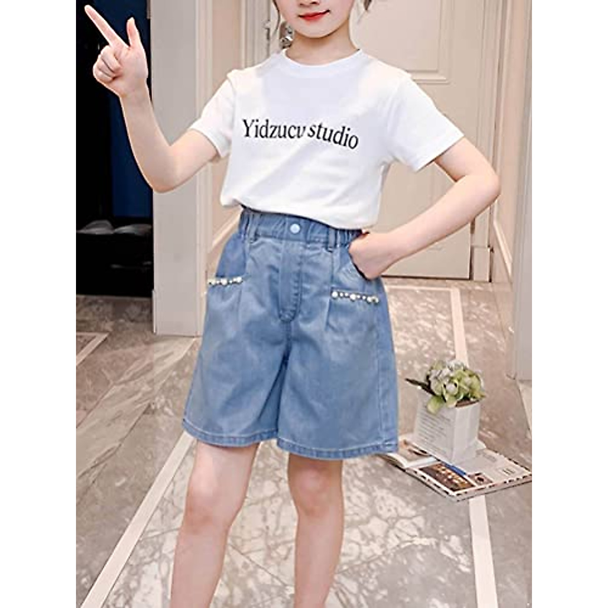 Aislor Kids Girls Fishtail Embroidery Pearls Ruffle Waist Denim Shorts Distressed Jean Shorts Hot Pants with Pockets Light Blue 11-12 Years
