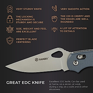 Ganzo G729-GY Folding Pocket Knife 440C Stainless Steel Blade G10 Anti-Slip Handle with Clip Hunting Fishing Camping Folder Outdoor Utility Folding Knife EDC Knife (Grey)