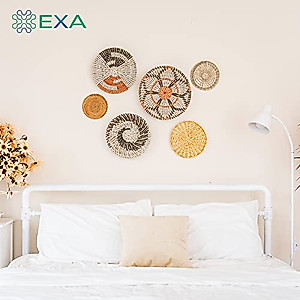 EXA Set of 6 Woven Wall Basket Orange Blossom Decor - Boho Farmhouse Rustic Room Style - for Thanksgiving Christmas Hanging Wall Art, Gift Idea, Table Settings - Handmade, Round, Natural Seagrass