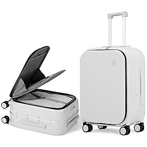 Mixi Carry On Luggage, 20'' Suitcase with Front Laptop Pocket, Travel Rolling Luggage Aluminum Frame PC Hardside with Spinner Wheels & TSA Lock and Cover - Smoke White