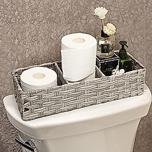 [Larger Compartments] Toilet Tank Topper Paper Basket - Multiuse Hand Woven Plastic Wicker Basket with Divider for Organizing, Rustic Farmhouse Bathroom Decor, Countertop Organizer Storage, Gray Wash