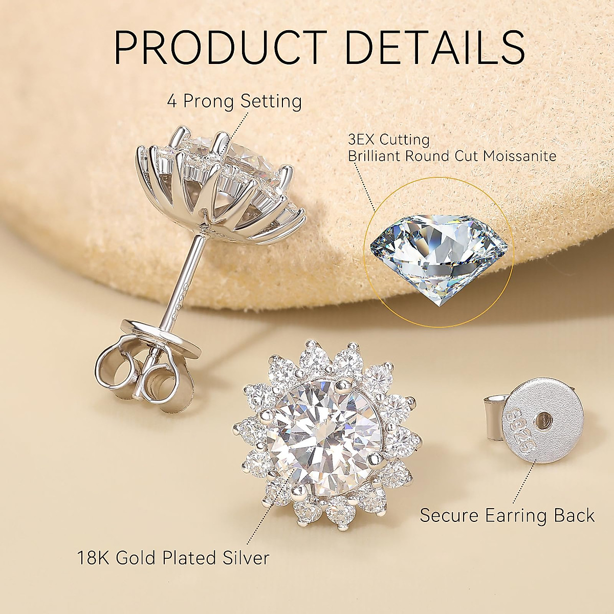 Moissanite Stud Earrings 0.2CT-8.0CT 18K White Gold Plated D Color VVS1 Clarity Brilliant Round Cut Lab Created Diamond S925 Sterling Silver Hypoallergenic Stud Earrings Anniversary Day Gifts for Women Men