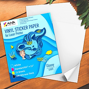 Printable Vinyl Sticker Paper for Laser Printer - Glossy White - 15 Self-Adhesive Sheets - Waterproof Decal Paper - Standard Letter Size 8.5"x11"