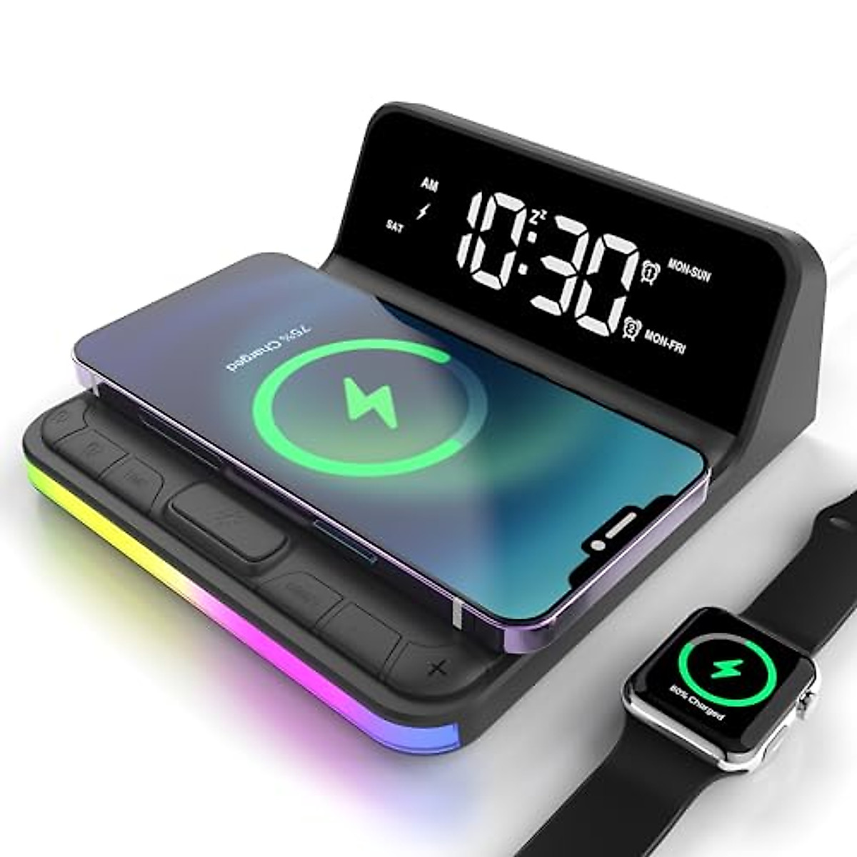 Te-Rich Loud Alarm Clock for Heavy Sleepers Adults, Alarm Clock with Wireless Charging, USB and Lights, Dual Alarm(7-5-2), 6 Dimmer, Battery Backup, Digtial Alarm Clock Wireless Charger for Bedrooms