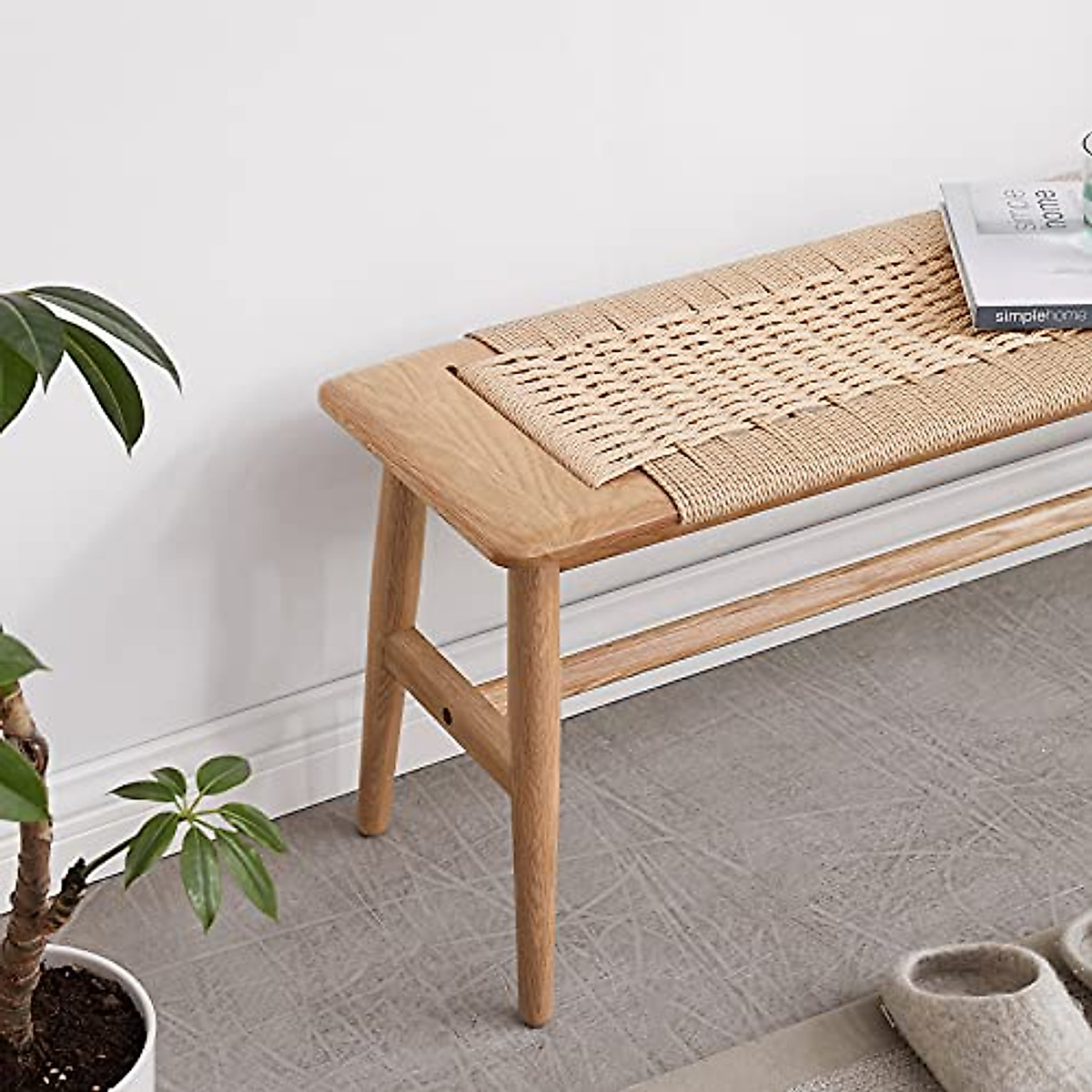 Tennozu Woven Bench, 32" L FAS Grade 100% Solid Oak Wood Dining Room Bench w/Rustic, Hand Woven Design, Firm Mortise & Tenon Structure, Long Bench for Dining Room/Entryway/Bedroom, White (Beige)