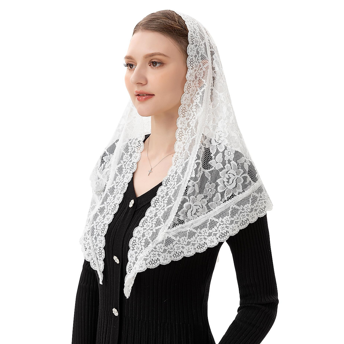 PAMOR Veils for Church Catholic Triangluar Scarf Embroidered Chapel Veil Head Covering Latin Mass Mantilla (White)