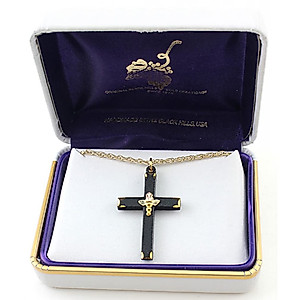 Black Powder Coated Cross Pendant Necklace, 10k Yellow Gold, 12k Green and Rose Gold Black Hills Gold Motif, 18"