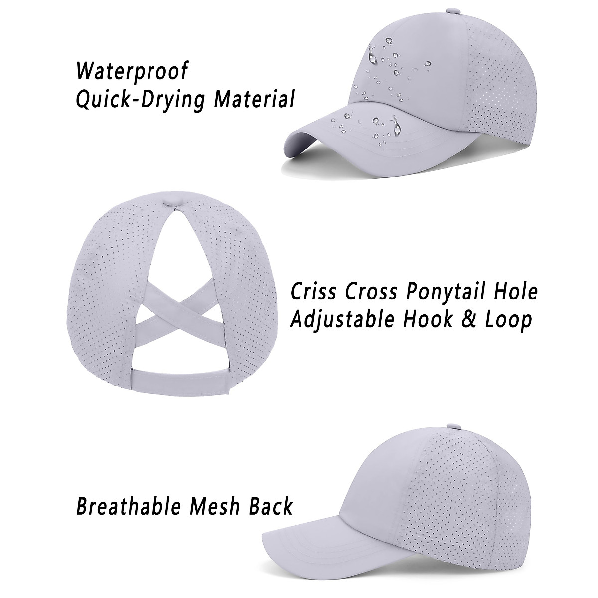 ZTL Women's High Ponytail Baseball Cap Performance Running Hat Quick Dry Mesh Sports Cap Adjustable Unstructured Dad Trucker Hats Light Grey