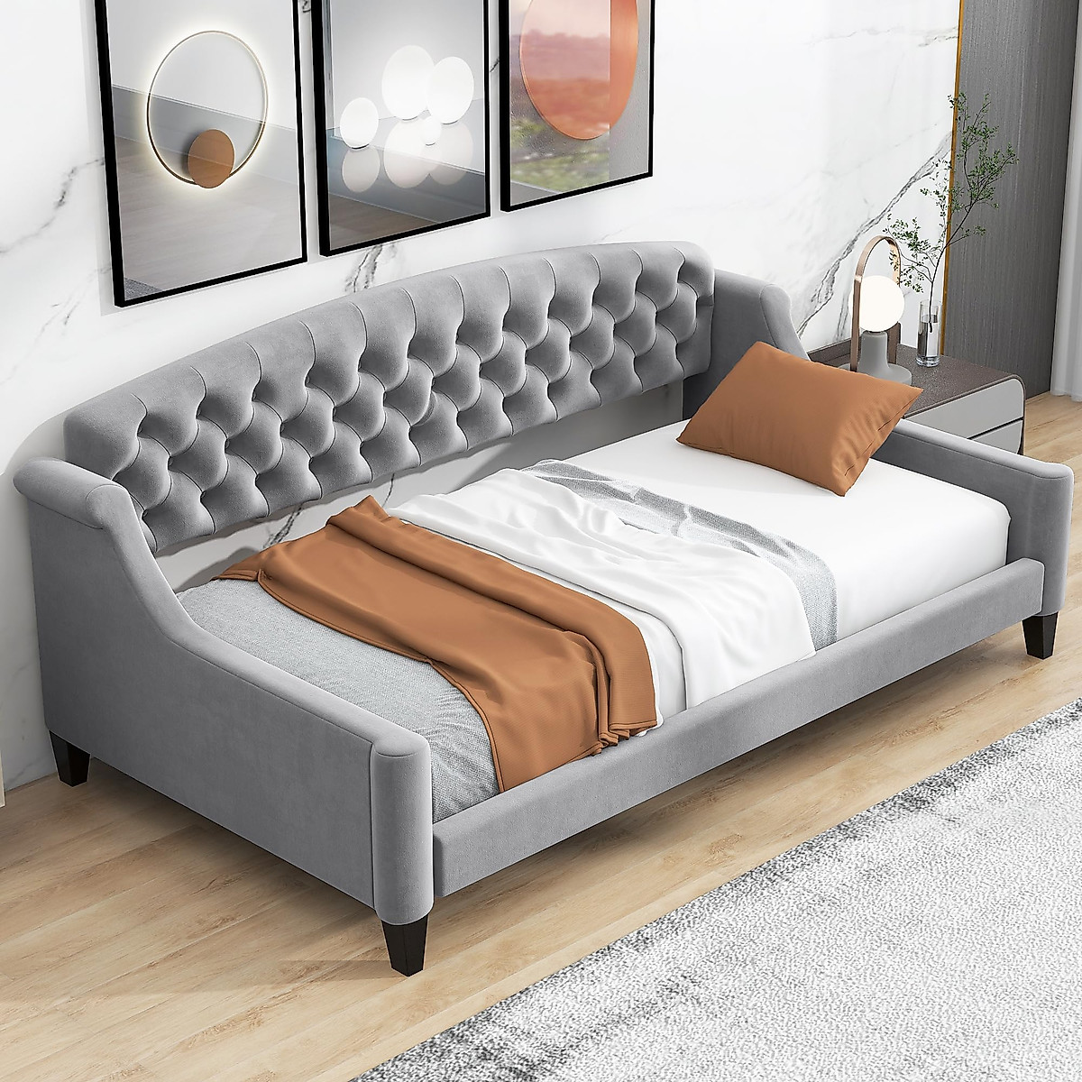 LZ LEISURE ZONE Twin Daybed, Twin Size Luxury Tufted Button Daybed, Upholstered Twin Daybed Frame, Sofa Bed for Bedroom Living Room, Grey