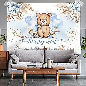 Rsuuinu Boy Bear Baby Shower Backdrop Boho Pampas Blue Flower We can Bearly Wait Photography Background Balloons Bear Baby Shower Backdrops Party Decorations Banner Supplies Photo Booth Props 7x5ft