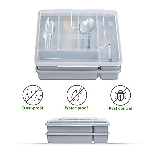 QINOL Silverware Holder with Lid, Double Layer Utensil Tray with Cover Large Flatware Organizer Plastic Cutlery Container for Kitchen Drawer Countertop 10 Compartments, Grey