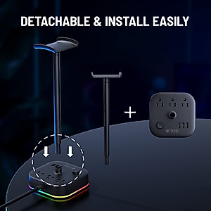 TROND Headphone Stand with USB Charger, Desk Gaming Headset Holder with 3 USB Charging Ports and 3 AC Outlets, RGB Headphone Hanger with 5 Light Modes, for Desk Accessories, Gamer Gifts
