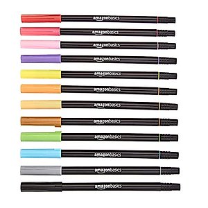 Amazon Basics Dual Tip Brush Pens - Blendable, Nylon Brush and Fine Tip, 12-Pack