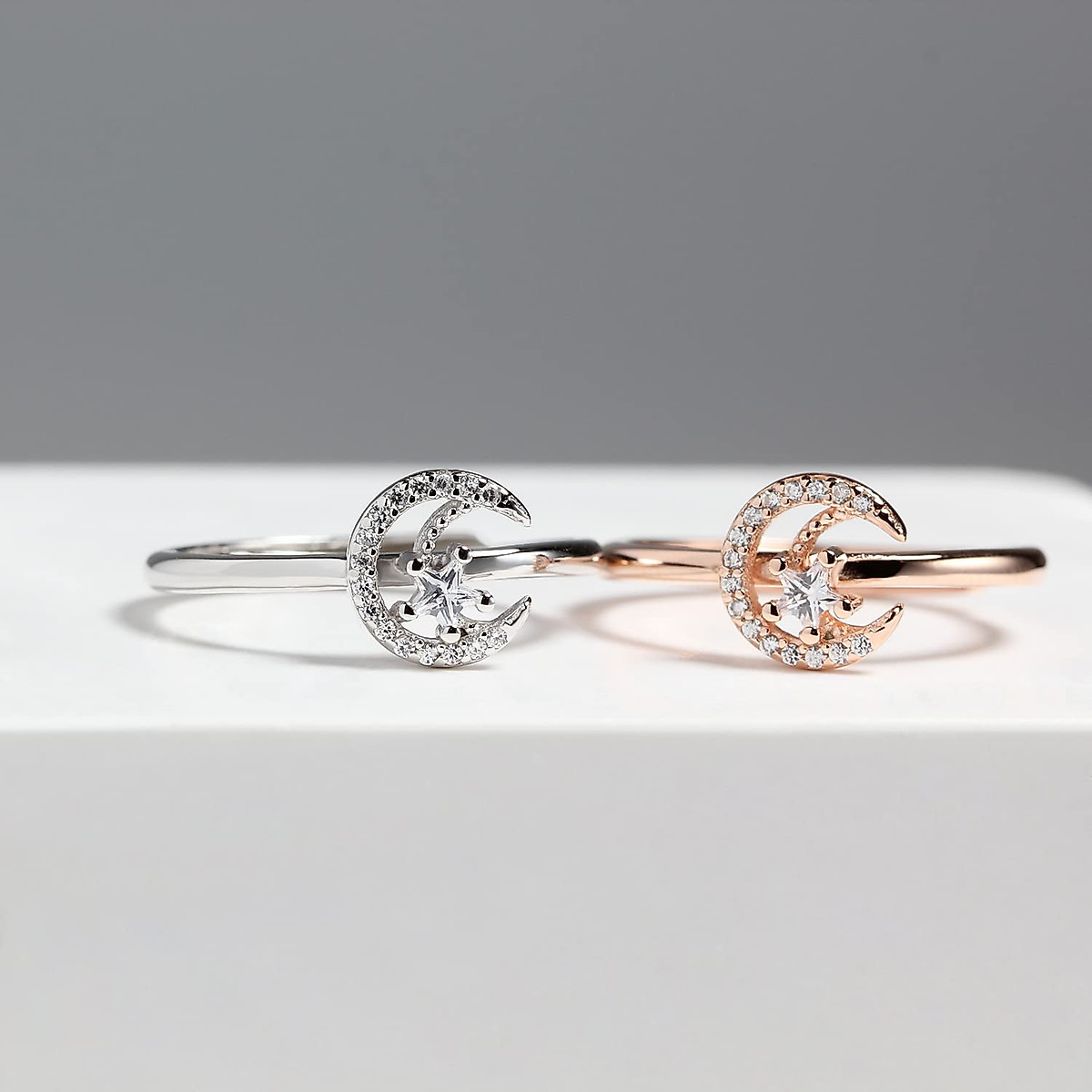 Meissa Sterling Silver Adjustable Ring for Women Crescent Moon and Star Ring Cubic Zirconia Silver Rose Gold Pleated Constellation Ring Gold