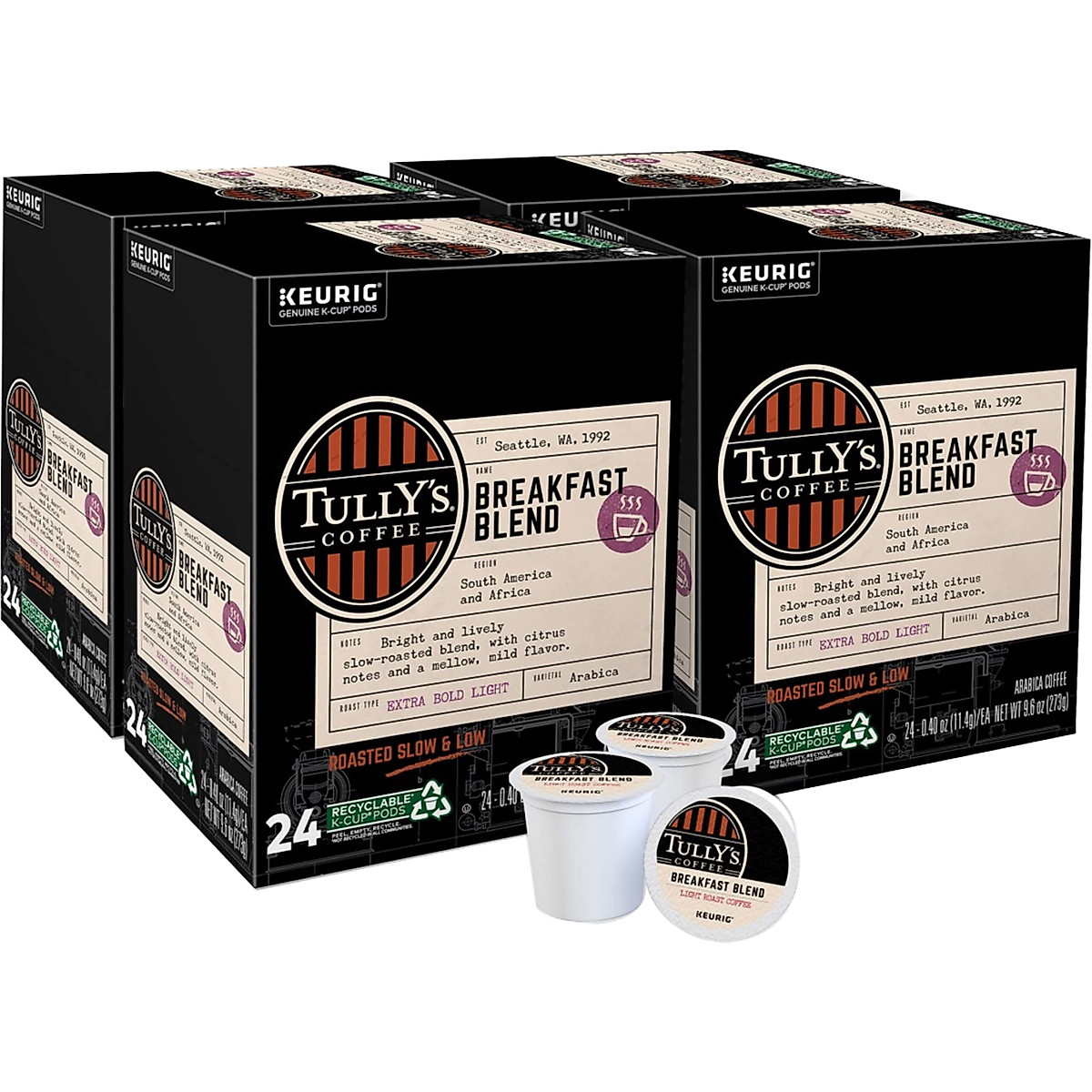 Tully's Coffee Breakfast Blend Keurig Single-Serve K-Cup Pods, Light Roast Coffee, 96 Count (4 Packs of 24)