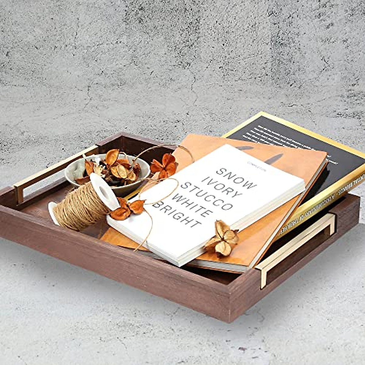 Wooden Coffee Table Serving Tray - Decorative Ottoman Tray for Living Room, Beautiful Home Decor, Perfect for Serving Food or displaying Household Items. Walnut and Gold Brass. by Harry & Melinda.