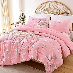Smoofy Metallic Snowflake Pink Velvet Christmas Comforter Set, Christmas Bedding Set Blush Gold Printed Pattern Luxury Twin Size 2Pcs (1 Comforter, ONLY 1 Pillowcase)