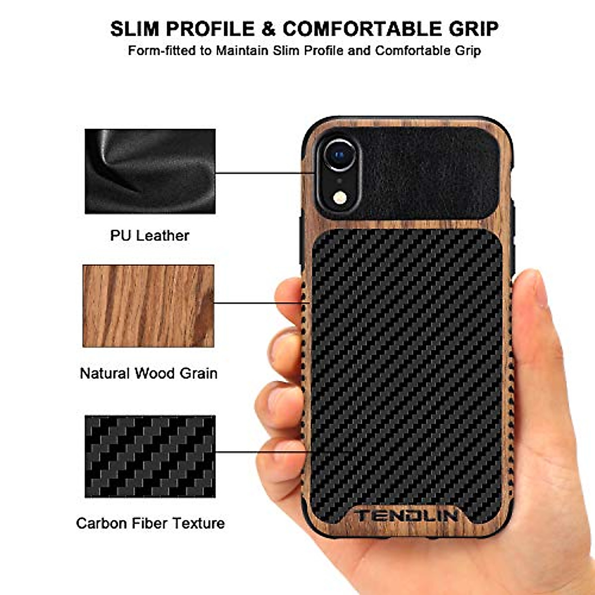 TENDLIN Compatible with iPhone XR Case Wood Grain with Carbon Fiber Texture Design Leather Hybrid Slim Case Compatible with iPhone XR (Carbon & Leather & Wood)