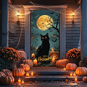 Halloween Door Cover Halloween Birthday Party Door Decorations Door scary window Banner 35.4 X 70.8 Inches Cat Theme Door Cover Halloween Birthday Decorations Sign Front Door for Halloween Party outdoor Supplies Decor (cat)