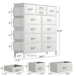 Lulive Dresser for Bedroom with 12 Drawers, Tall Dresser Chest of Drawers with Side Pockets and Hooks, Fabric Dresser Storage Tower for Closet, Hallway, Living Room (White)