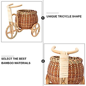 Garneck Small Rattan Basket Bamboo Woven Tricycle Shape Rack Belly Round Basket Handmade Multifunctional Dried Nuts Pencil Pen Bucket for Home Living Room Light Brown
