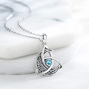 Celtic Moon Necklace 925 Sterling Silver Celtic Knot Pendant Necklace Trinity March Birthstone Aquamarine Necklace Irish Jewelry Gifts for Women Girls Daughter Mother Birthday Christmas