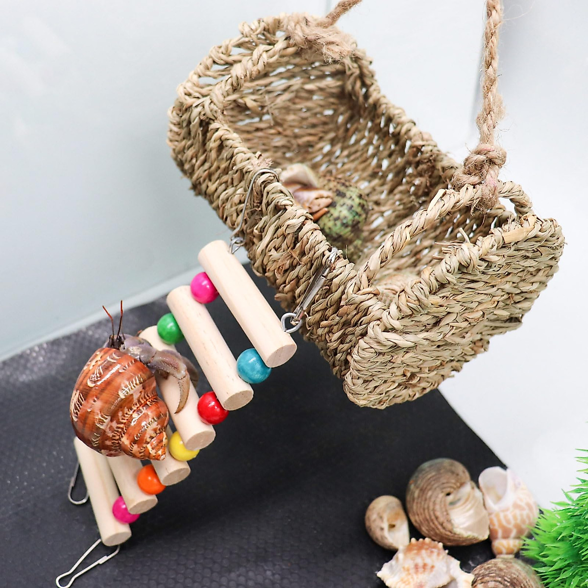 Hermit Crab Hideout with Ladder, Wooden Hermit Crab Climbing Toys, Aquariums Ladder Bridge Ramp Toy, Small Animals Tank or Cage Accessories, Habitat for Hermit Crab Hamsters Rats Birds Parrots