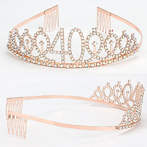 40th Birthday Sash & Rhinestone Crown Kit- Happy 40th Birthday Gifts Women 40th birthday decorations women (AB rose gold)