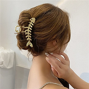 Gold Hair Jaw Claw Clips Fish Bone Shape 1PCS Large Metal Gold Fashion Nonslip Hairpin Catch Clip Accessories for Thick/Thin Hair HairStyling
