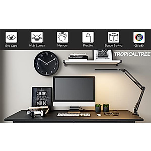 Glotrasol LED Desk Lamp with Clamp, Large Bright Desk Light, Swing Arm Eye Caring Table Lamp, Dimmable Foldable 360 Degree Spin USB Adapter Clip on for Home, Office Work, 3 Color Mode,10 Brightness