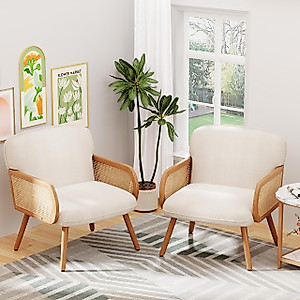 Andeworld Accent Chair with Rattan Arms,Upholstered Mid Century Modern Living Room Armchair, Side Club chair with Burlap Linen Fabric for Living Room Bedroom Balcony, Beige