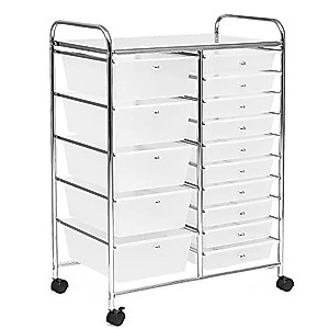 Aurcs 15-Drawer Rolling Storage Cart, Tools Scrapbook Paper Organizer w/ Removable Drawers & Universal Wheels, Multipurpose Lightweight Cart for Supermarket, School, Office, Home (Clear)