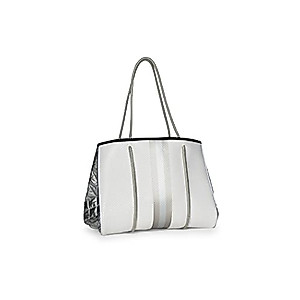 Haute Shore - Greyson Vapor Neoprene Tote Bag w/Zipper Wristlet Inside, White Coated W/Silver & Rosegold Stripe, One_Size
