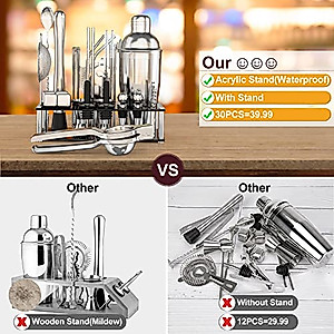 30-Piece Cocktail Shaker Set Stainless Steel Bartender Kit with Acrylic Stand & Cocktail Recipes Booklet, Bar Sets for Home, Professional Bar Tools for Drink Mixing, Party, Include 4 Whiskey Stones
