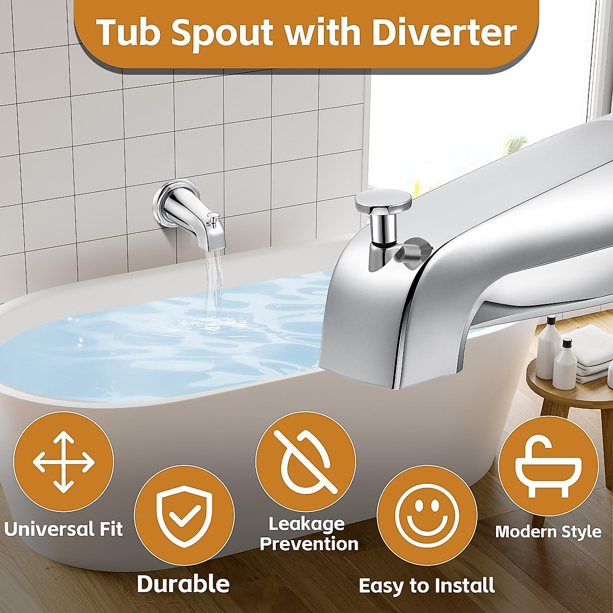 Dreyoo Diverter Tub Spout with Tub Spout Cover Ring, Universal Fits 1/2" Copper Pipe, 1/2" IPS and 3/4" IPS, Bathroom Bathtub Faucet Replacement with Foam Gasket, Adapters and Hex Wrench (Chrome)