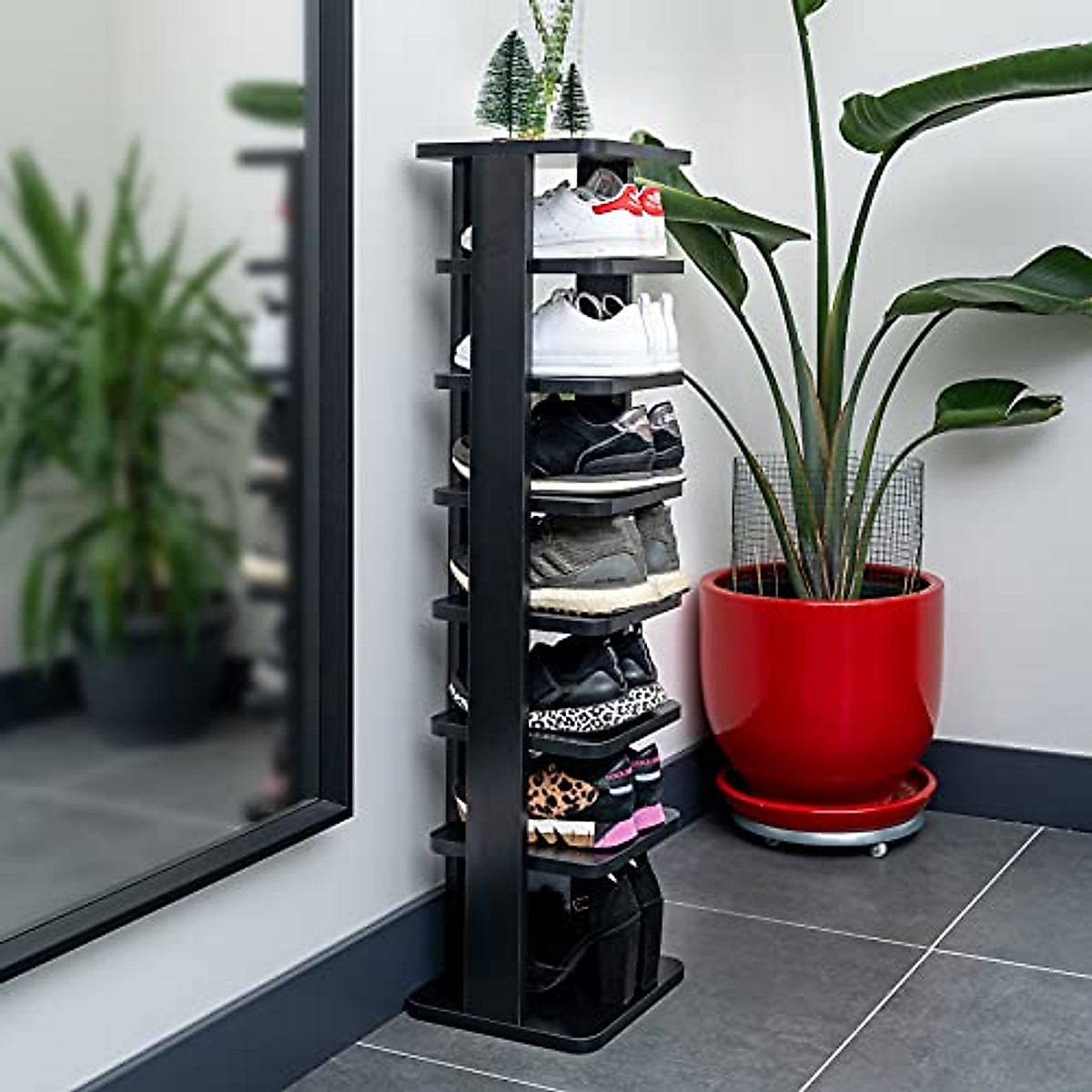 Modeazy 7 Tiers Multi Function Wooden Shoe Rack, Vertical Shoe Rack for Entryway, Shoes Storage Stand, Modern Shoe Rack Organizer, Home Storage Shelf Organizer (Black, Single 11”Wx10.5”Dx42.5”H)