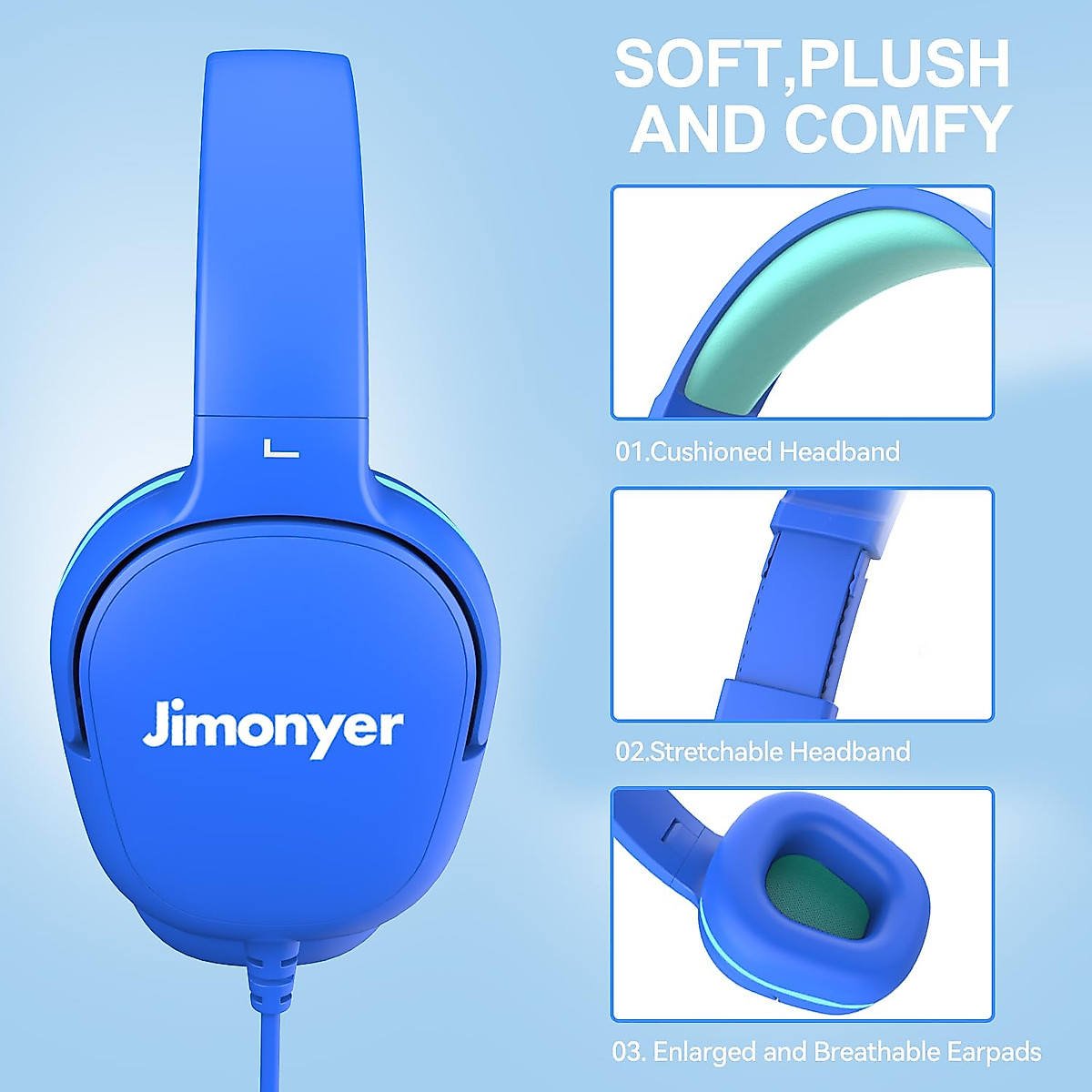 Jimonyer Kids Headphones for School, 3.5mm Jack Wired Headphones for Kids with Safe Volume Limiter, HD Stereo Sound On-Ear Girls Boys Toddler Headphones for Tablet, iPad, Kindle(Blue)