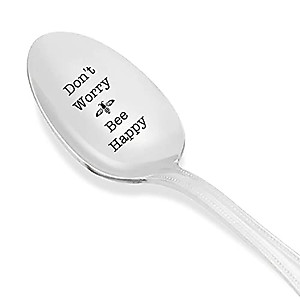 Weefair Motivational Gifts For Men Women | Dont Worry Bee Happy - Engraved Spoon Gift Coffee Tea Dessert Lovers Friends Birthday Christmas Stocking Stuffer -7 Inches Teaspoon, Silver