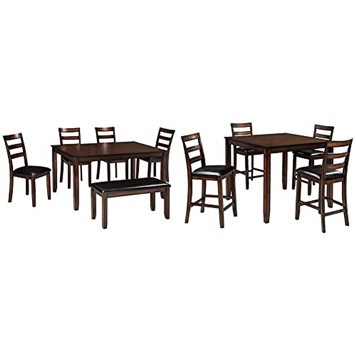 Signature Design by Ashley Coviar 6 Piece Dining Set, Includes Table, 4 Chairs & Bench, Dark Brown & Coviar 5 Piece Counter Height Dining Set, Includes Table & 4 Barstools, Brown