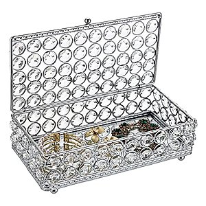 ELLDOO Crystal Jewelry Box Rectangle Trinket Organizer Earrings Rings Box Treasure Box Storage Home Decor Accent Decorative Box with Lid for Valentine Wedding Christmas Birthday Gift, Silver
