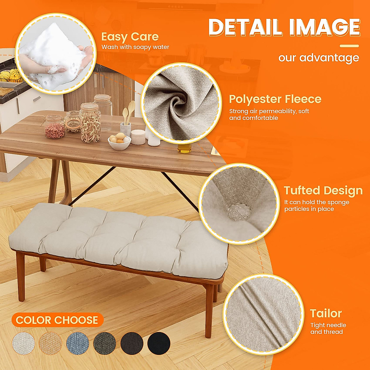 RULAER Indoor 45x16 Inch Durable Bench Cushion Outdoor Non-Slip Tufted Garden Patio Furniture Cushions Two Straps Thickened Soft Kitchen Bench Pads