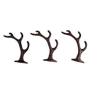 Rustic 4-Point Deer Antler Cast Iron Wall Hook 5.6 Inch (Set of 3)