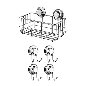 SANNO Suction Cup Shower Caddy Bath Wall Shelf, Deep Bathroom Basket Vacuum Suction Cup Hooks
